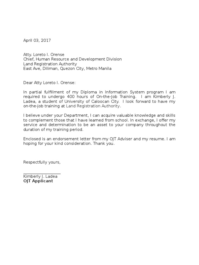 Application Letter For OJT | PDF