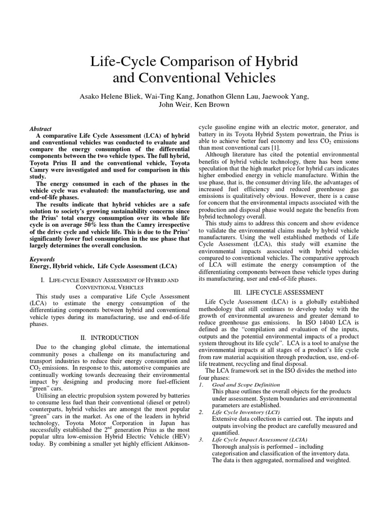 Life-Cycle Comparison of Hybrid and Conventional Vehicles | PDF | Life ...