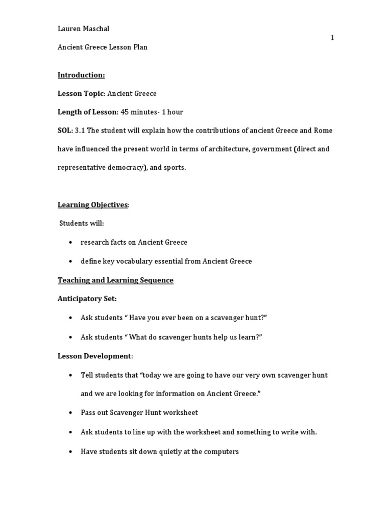 Ancient Greece Lesson Plan | PDF | Ancient Greece | Lesson Plan