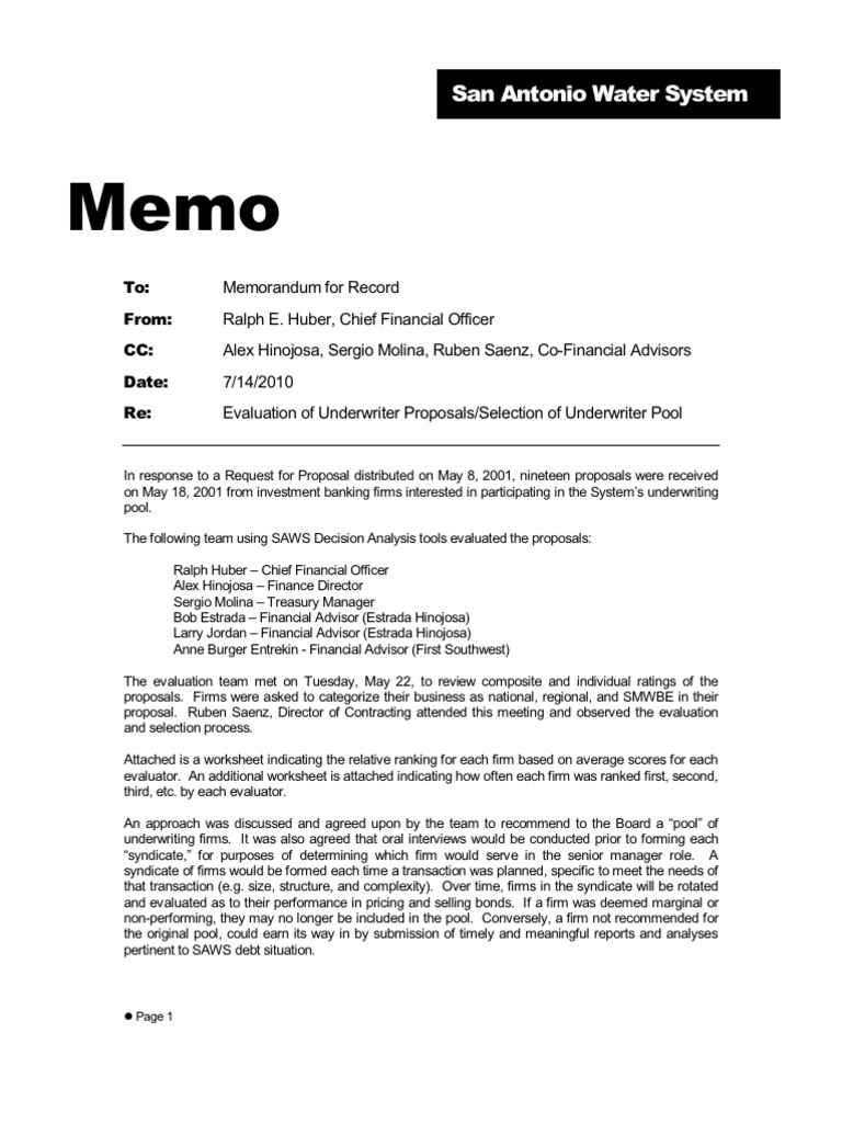 San Antonio Water System Memo of Record - Underwriter Proposal and Pool ...
