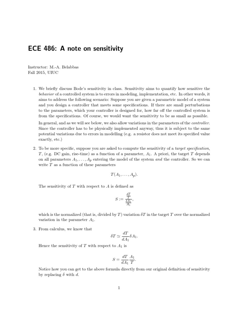 ECE 486: A Note On Sensitivity | PDF | Control Theory | Sensitivity And ...