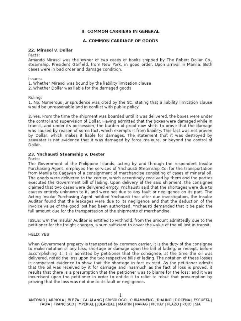 Ii. Common Carriers in General A. Common Carriage of Goods 22. Mirasol ...