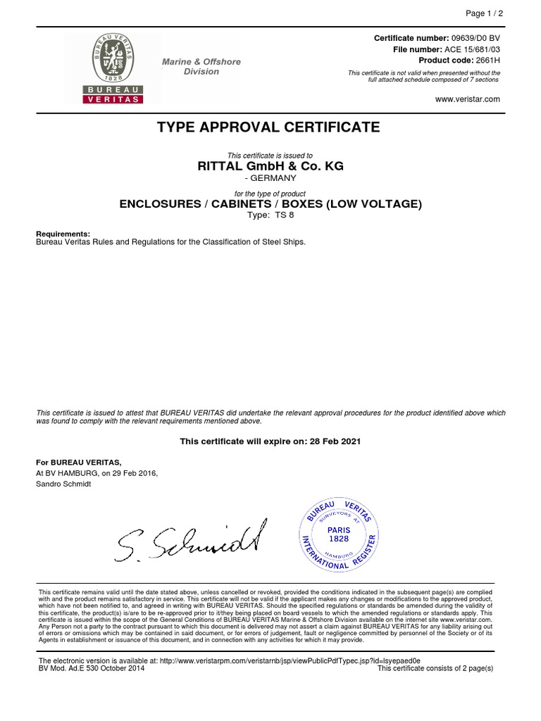 Type Approval Certificate for Rittal GmbH & Co. KG's TS8 Series Steel ...