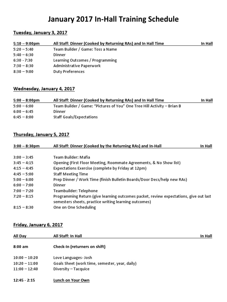 In Hall Ra Training Schedule Spring17 | PDF | Cooking, Food & Wine