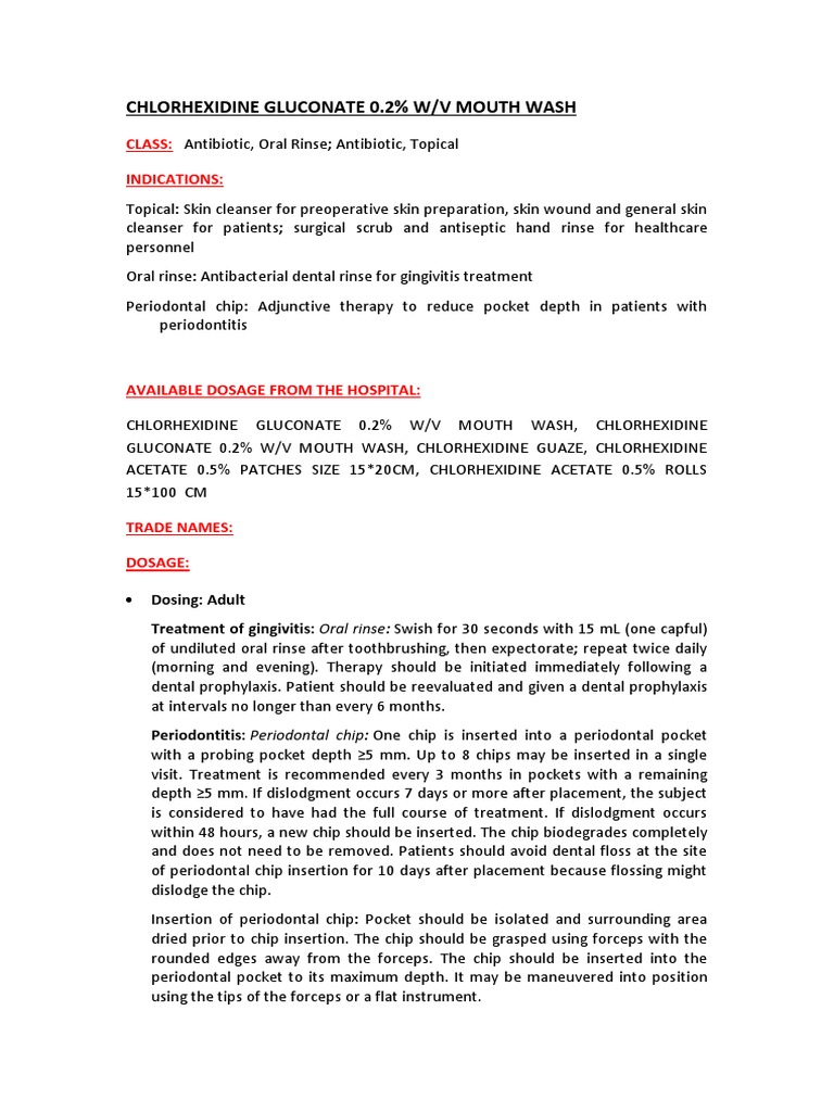 Chlorhexidine Gluconate 0.2% W/V Mouth Wash: Class: Indications | PDF ...