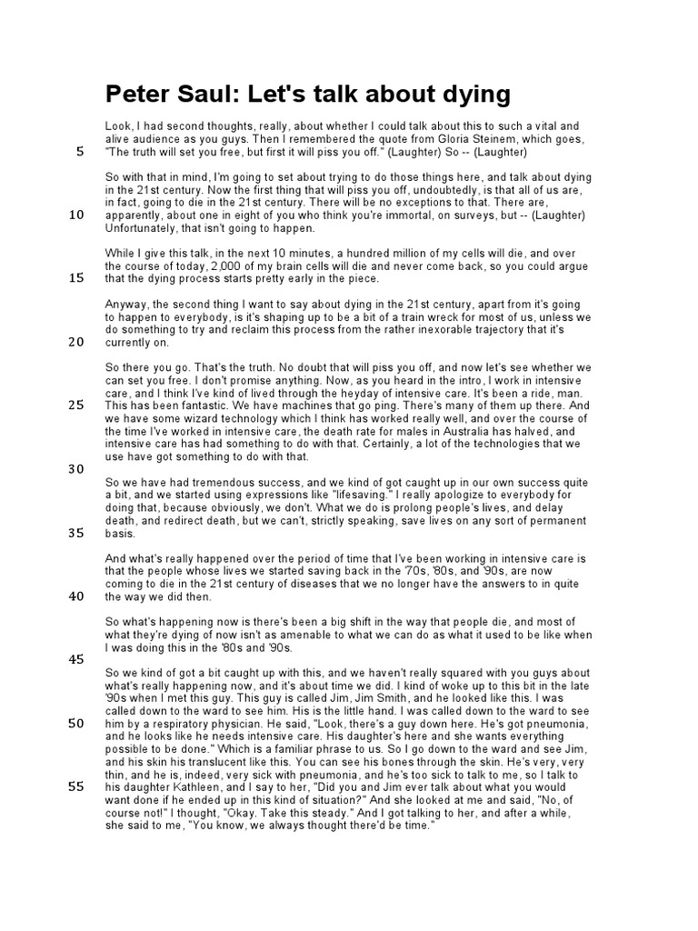 Transcript Peter Saul Lets Talk About Dying Pdf Cardiac Arrest