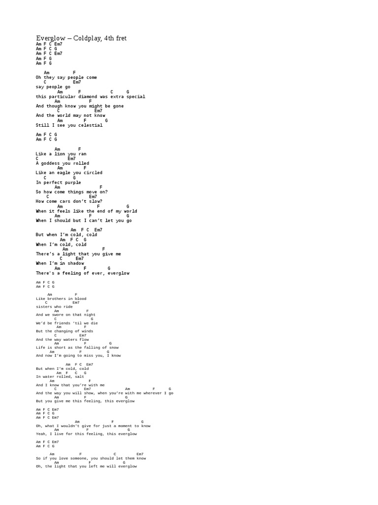 Everglow - Coldplay, 4th fret chords and lyrics | PDF