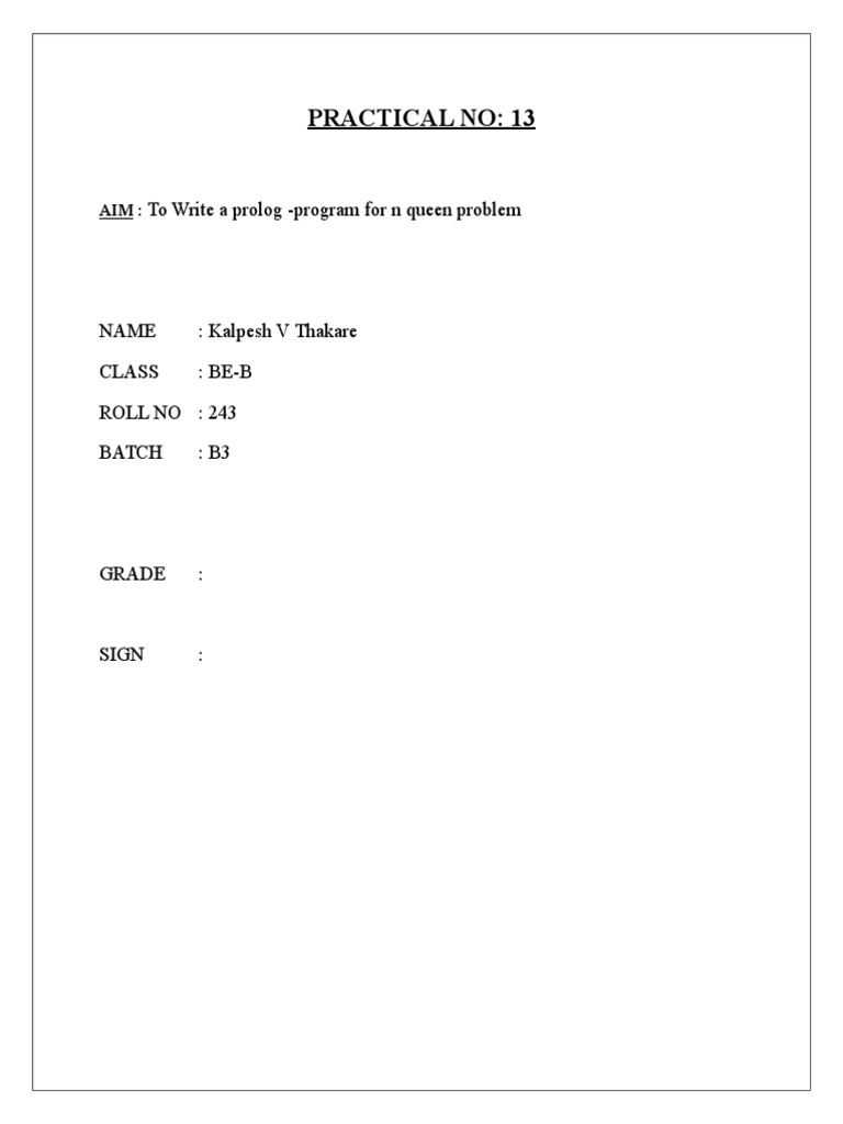 Practical No: 13: To Write A Prolog - Program For N Queen Problem | PDF | Computer Programming ...