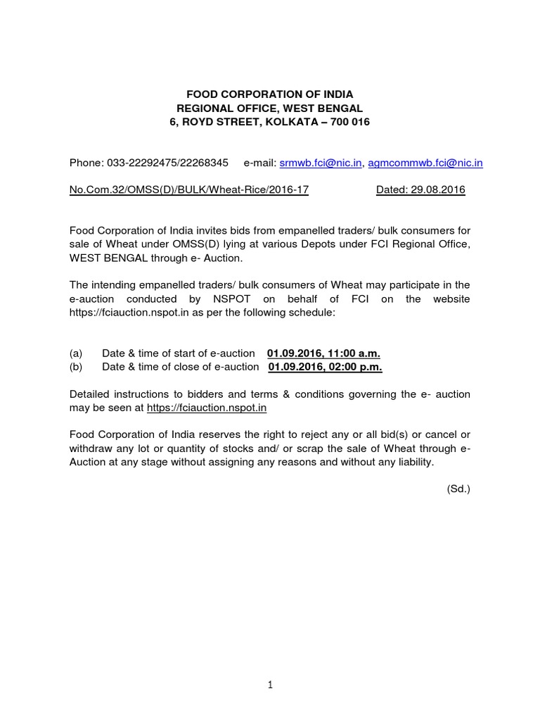 MTF of West Bengal For FCI Wheat Auctions On 1 September 2016 | PDF ...