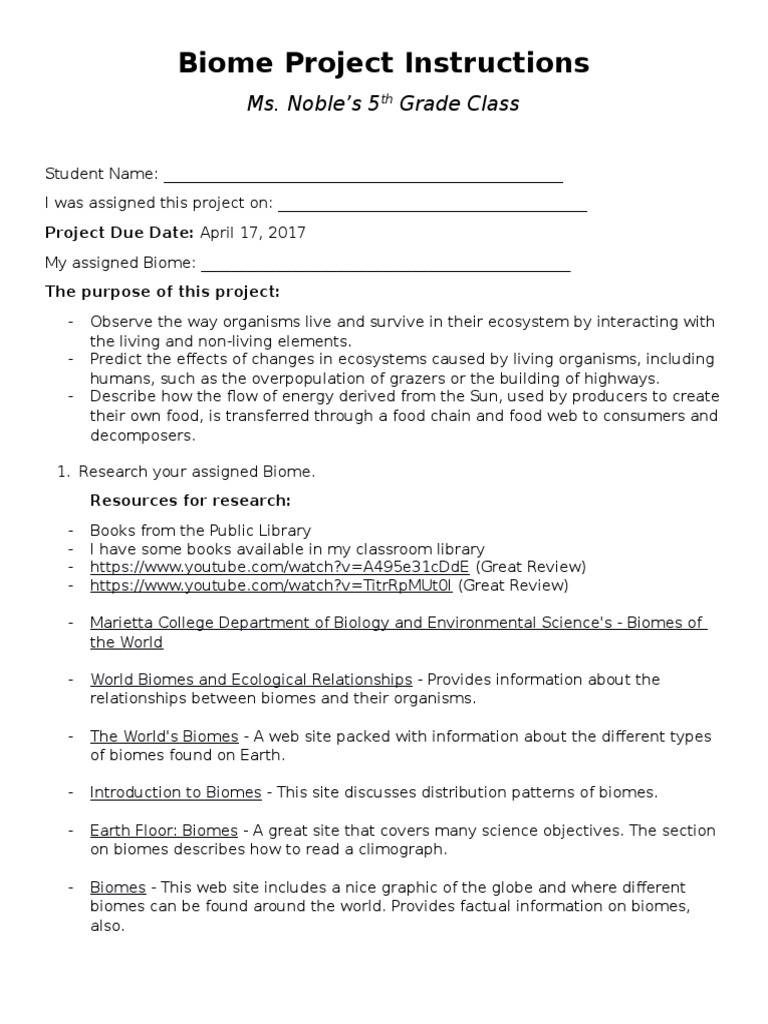 Biome Project Instructions: Ms. Noble's 5 Grade Class | PDF | Ecosystem ...
