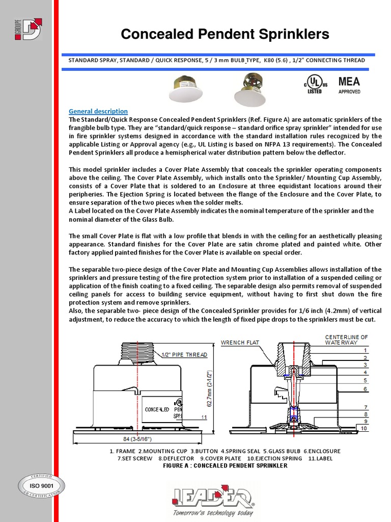 Concealed Pendent Sprinklers: General Description | PDF | Building ...