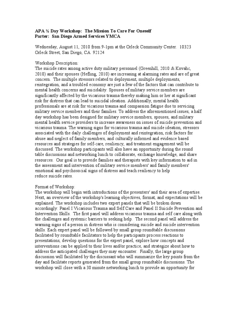 APA Workshop 8.11.10 | PDF | Psychological Trauma | Mental Health