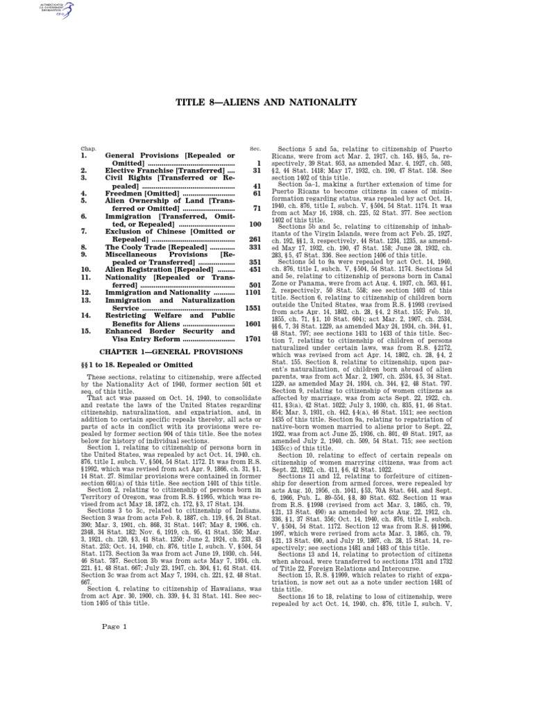 USCODE 2015 Title8 | PDF | Naturalization | Citizenship