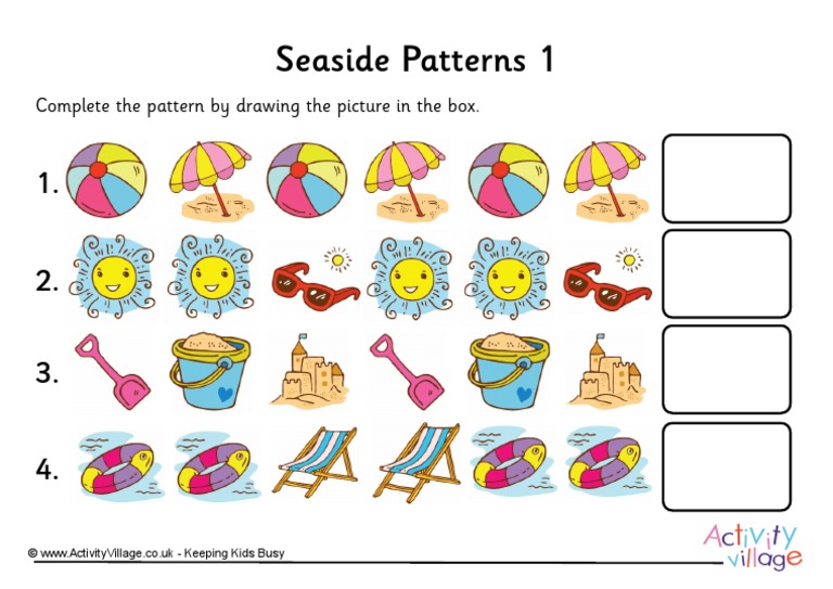 Seaside Patterns 1: Complete The Pattern by Drawing The Picture in The ...