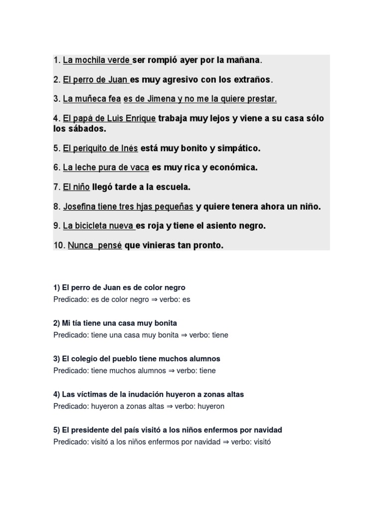10 Oraciones Con Sujeto Predicado y Verbo