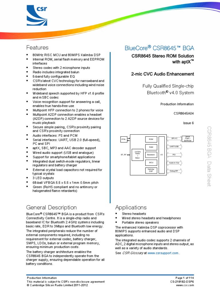 Datasheet csr8645 | PDF | Bluetooth | Microcontroller