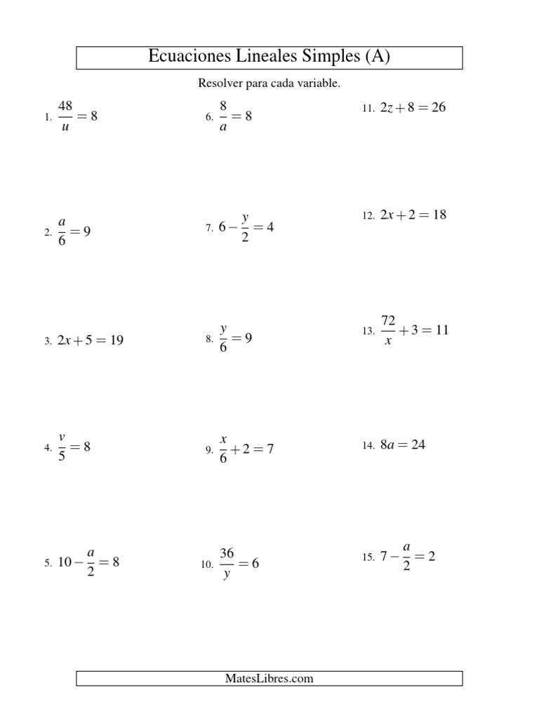 Ecuaciones Lineales Simples (A) : Resolver para Cada Variable | PDF