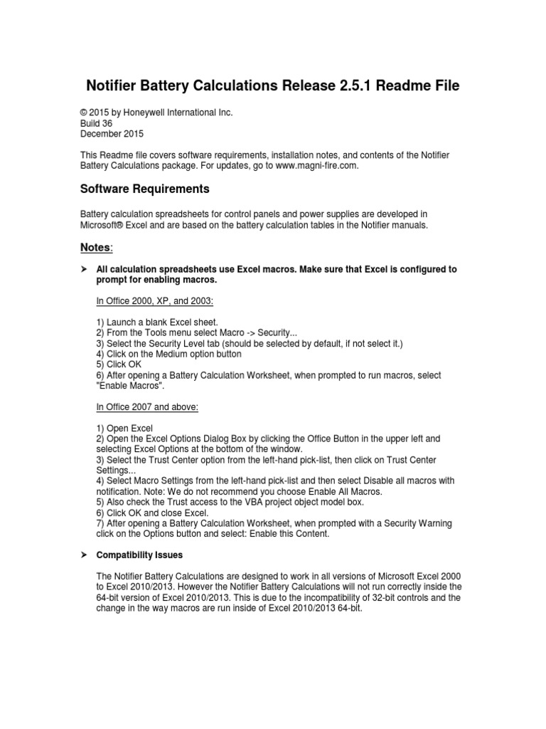 Notifier Battery Calculations-Readme PDF | PDF | Microsoft Excel ...