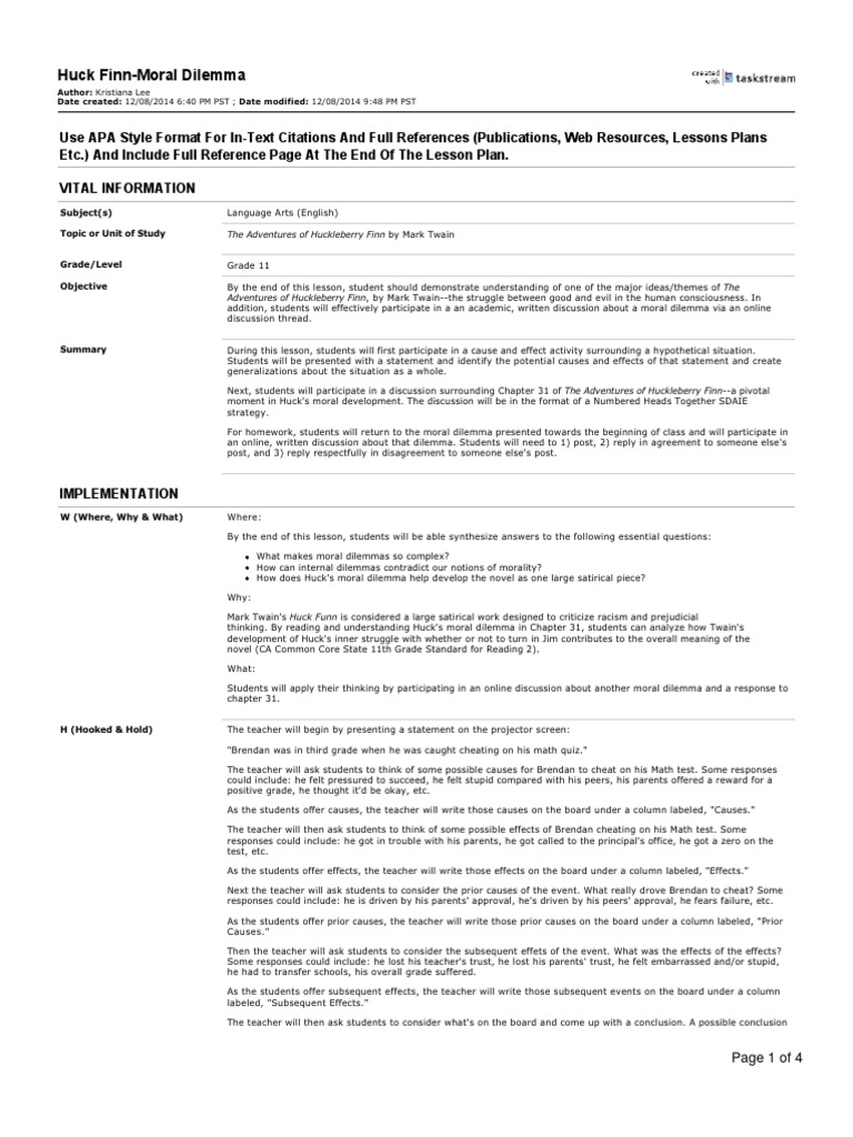 Huck Finn-Moral Dilemma | PDF | Huckleberry Finn | Adventures Of ...