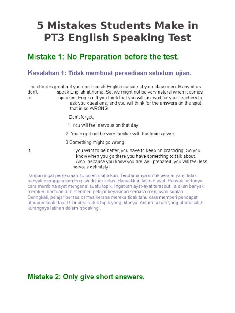 5 Mistakes Students Make in PT3 English Speaking Test | PDF