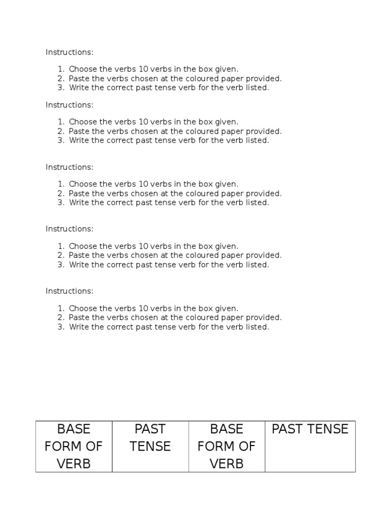 Base Form of Verb Past Tense Base Form of Verb Past Tense | PDF ...