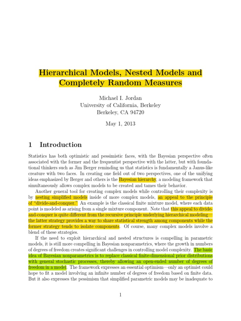 Hierarchical Models, Nested Models and Completely Random Measures | PDF | Stochastic Process ...