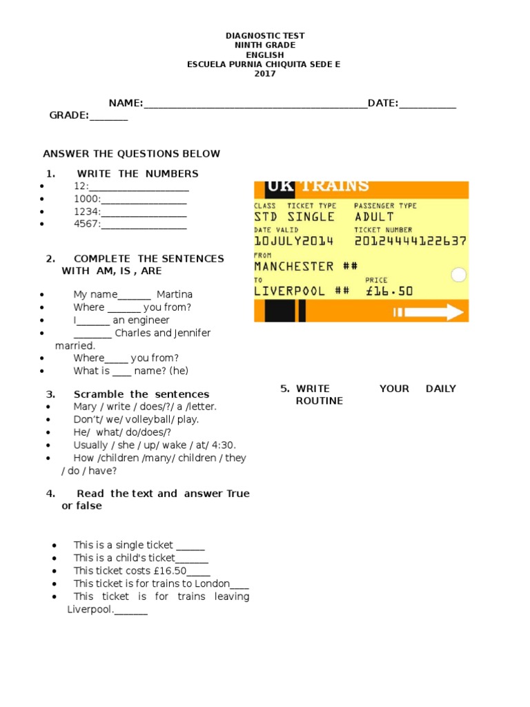 DIAGNOSTIC TEST Ninth Grade | PDF | Tests | Data Collection