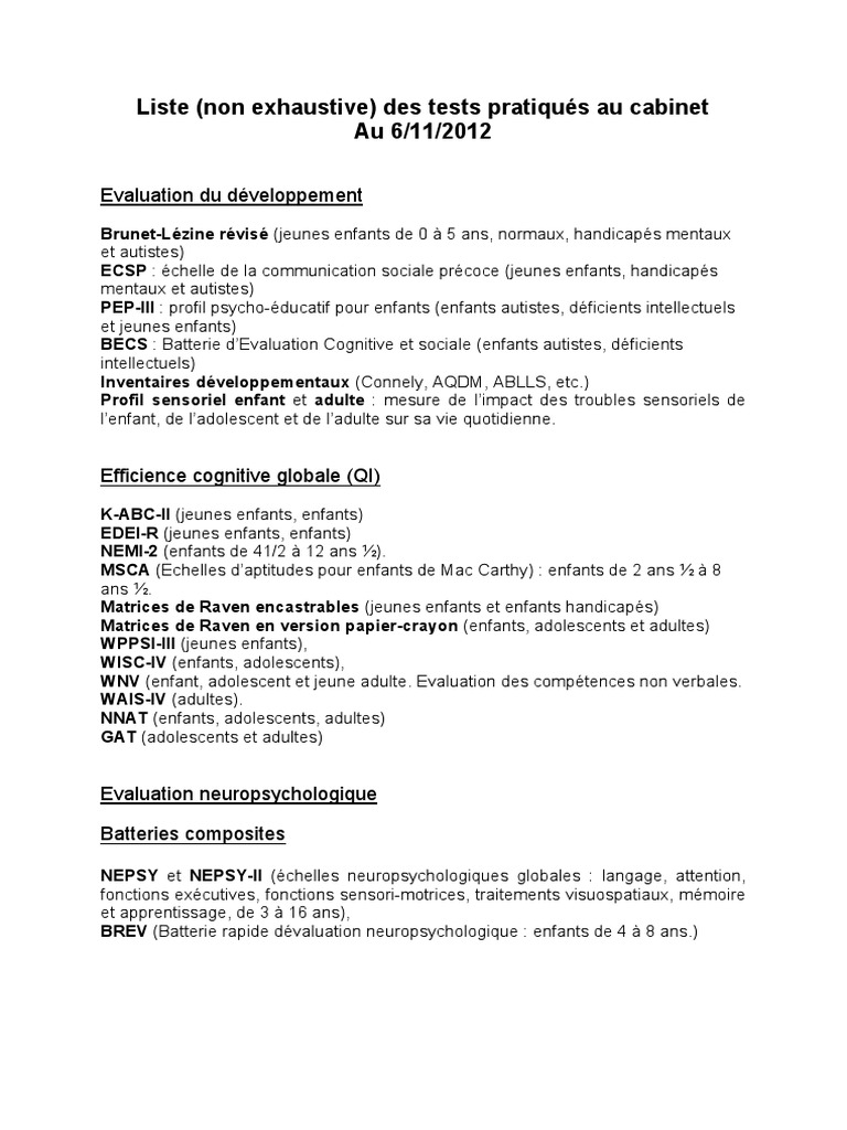 Liste Des Tests Utilisés Au Cabinet Au 6 Novembre 2012 | PDF ...