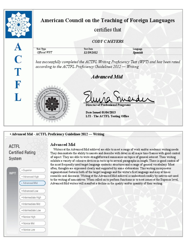 ACTFL Spanish Writing Proficiency Certification | PDF | Human ...