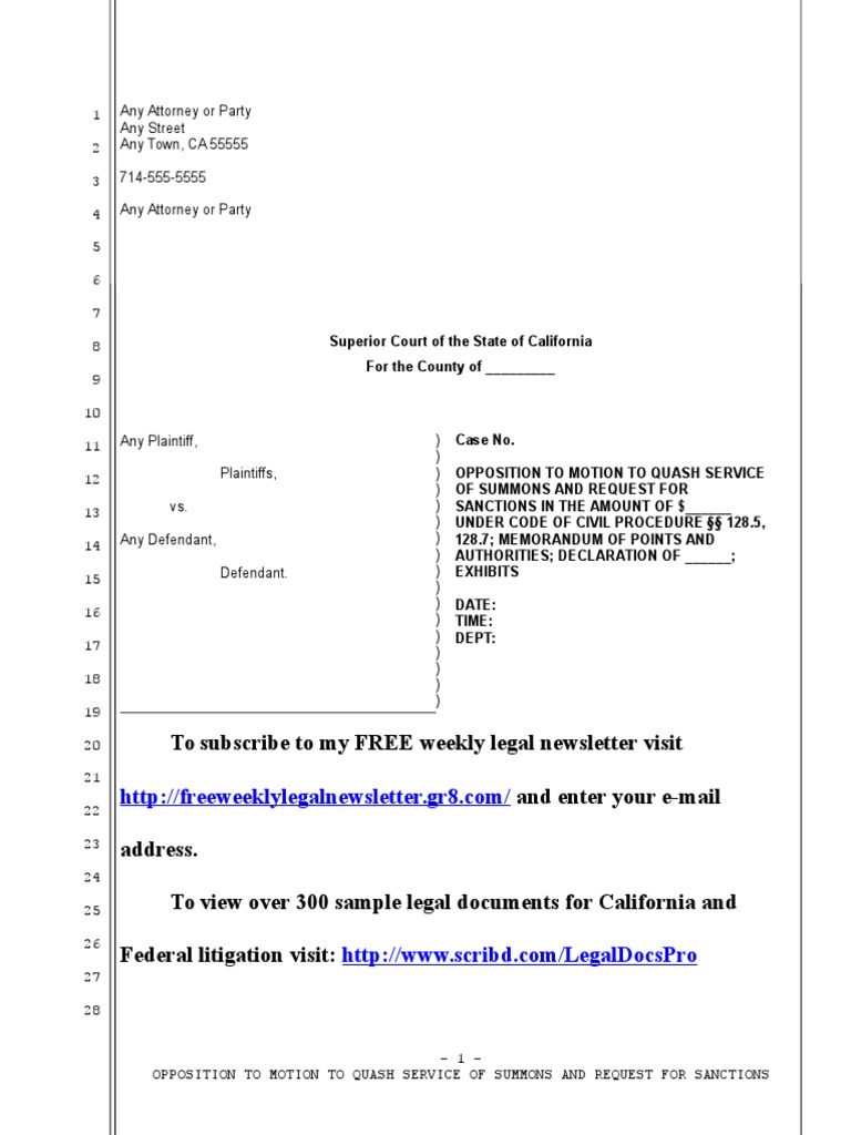 Sample Oppposition To Motion To Quash Service For Eviction in ...