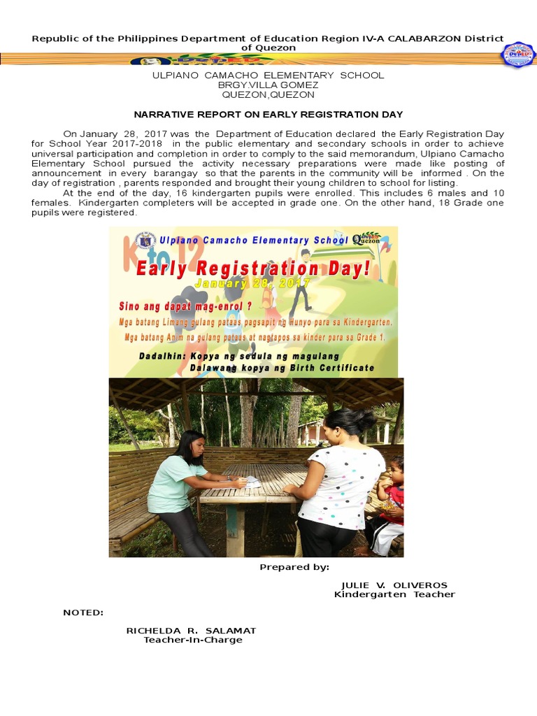 Narrative Report On Early Registration | PDF | Wellness