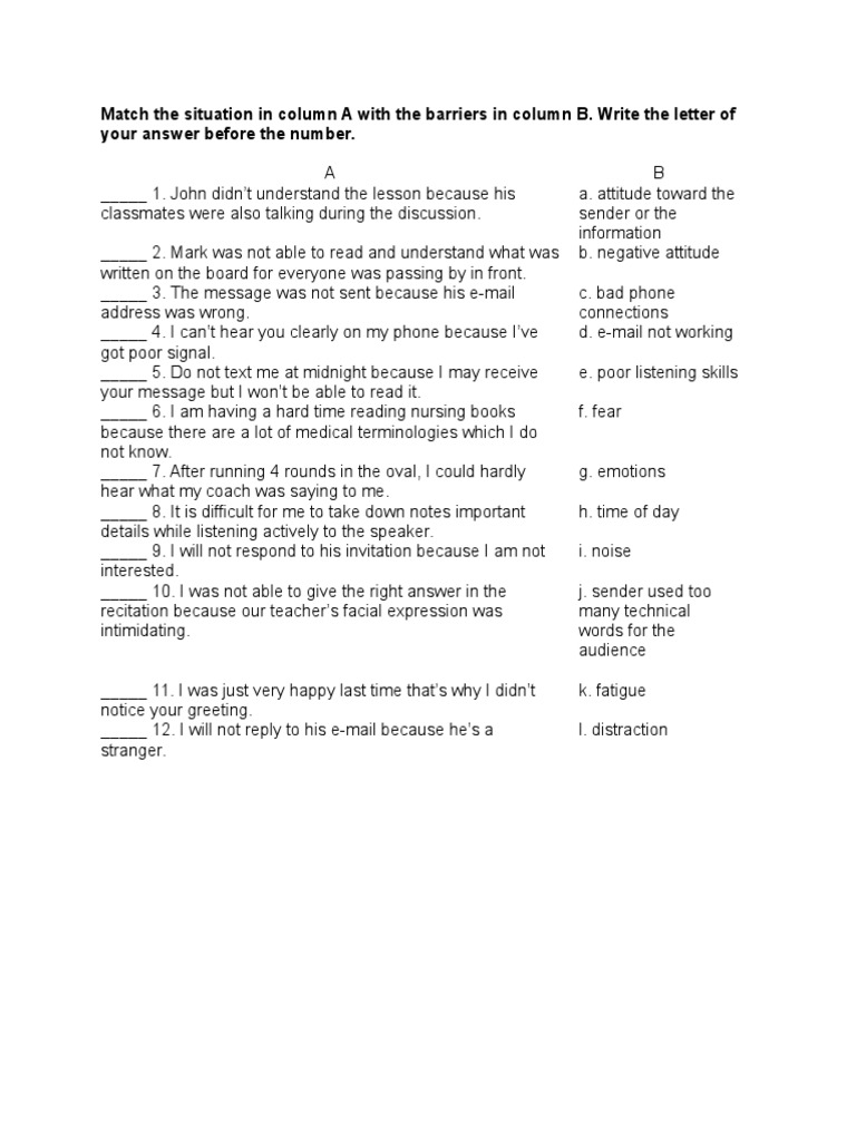Match The Situation in Column A With The Barriers in Column B. Write The Letter of Your Answer ...