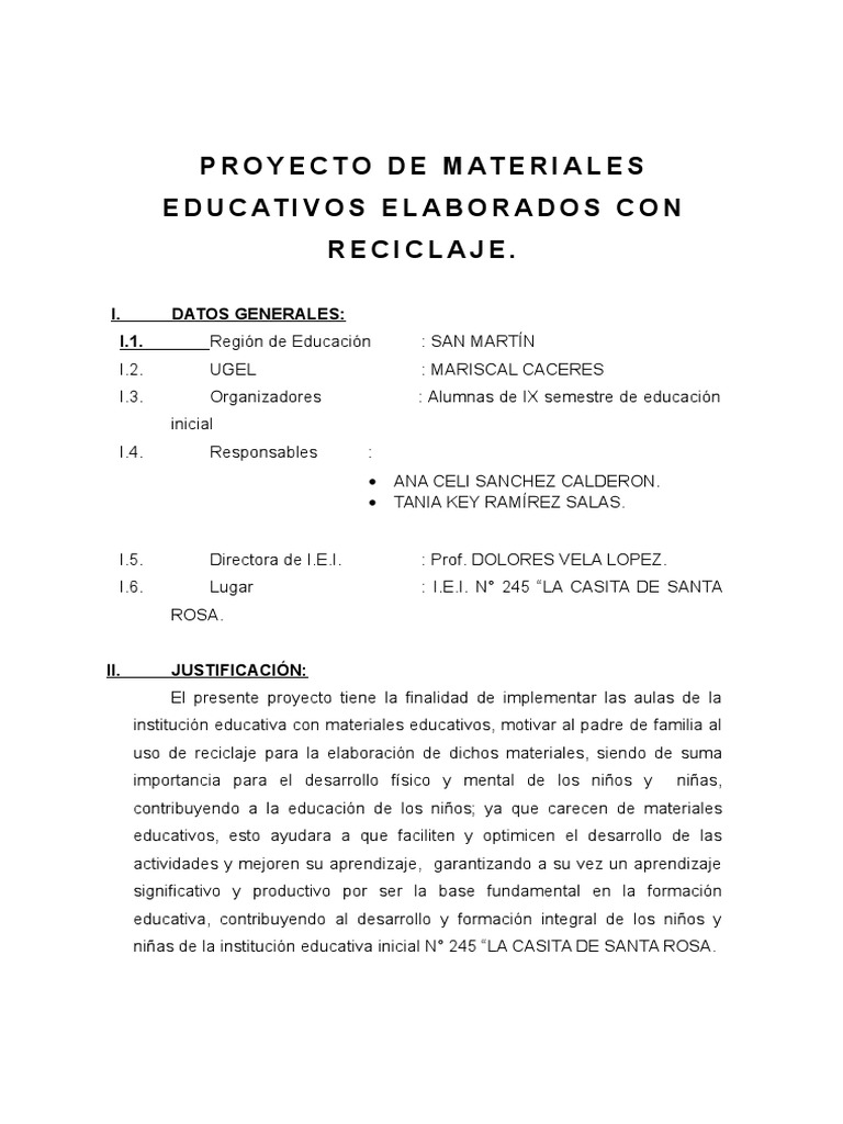 Proyecto de Materiales Educativos Elaborados Con Reciclaje | PDF ...