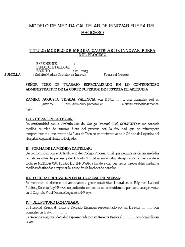 Modelo de Medida Cautelar de Innovar Fuera Del Proceso | Mandato ...