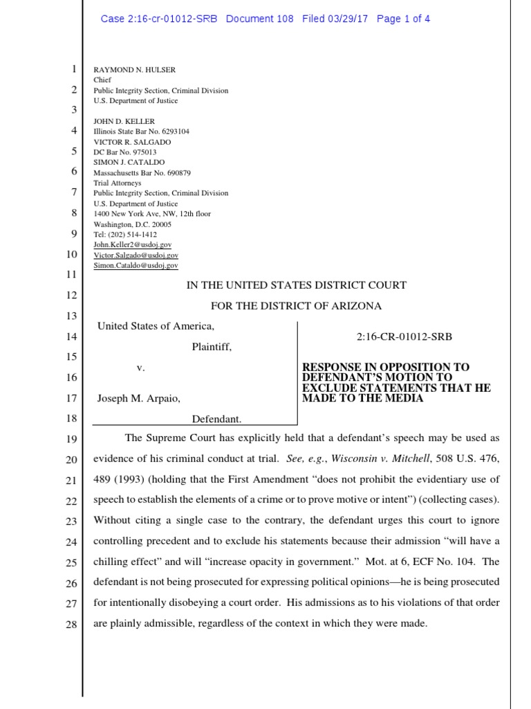 USA V Arpaio #108 - USA Opp To Motion To Exclude Campaign Speech | PDF ...