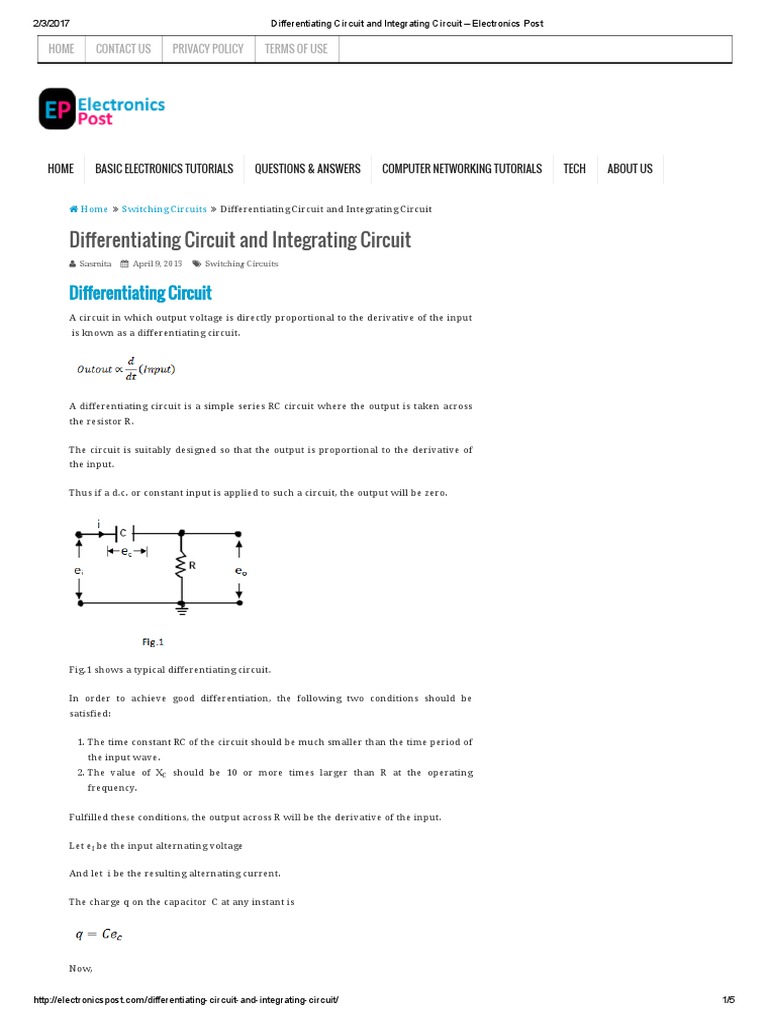 Differentiating and Integrating Circuits | PDF | Capacitor | Electrical ...