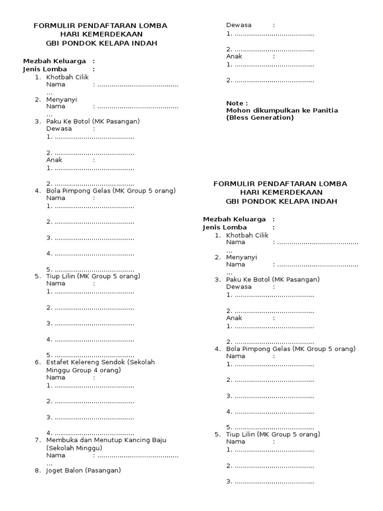 Formulir Pendaftaran Lomba | PDF