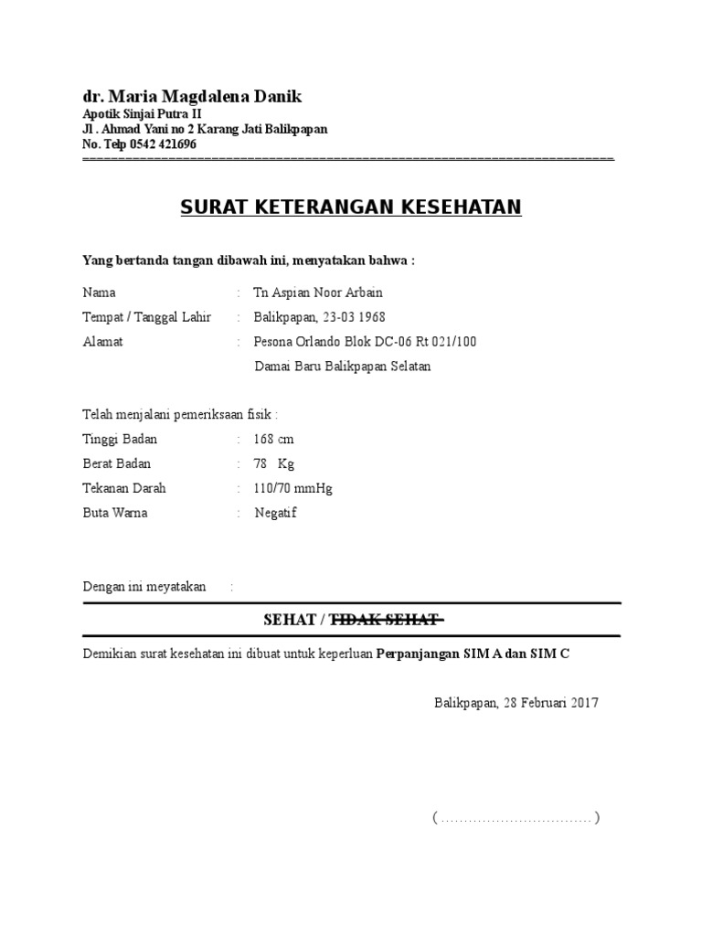 Surat Keterangan Kesehatan | PDF