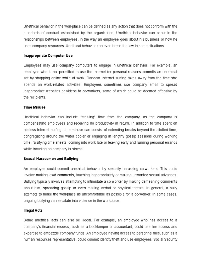 Unethical Behavior in The Workplace Can Be Defined As Any Action That ...