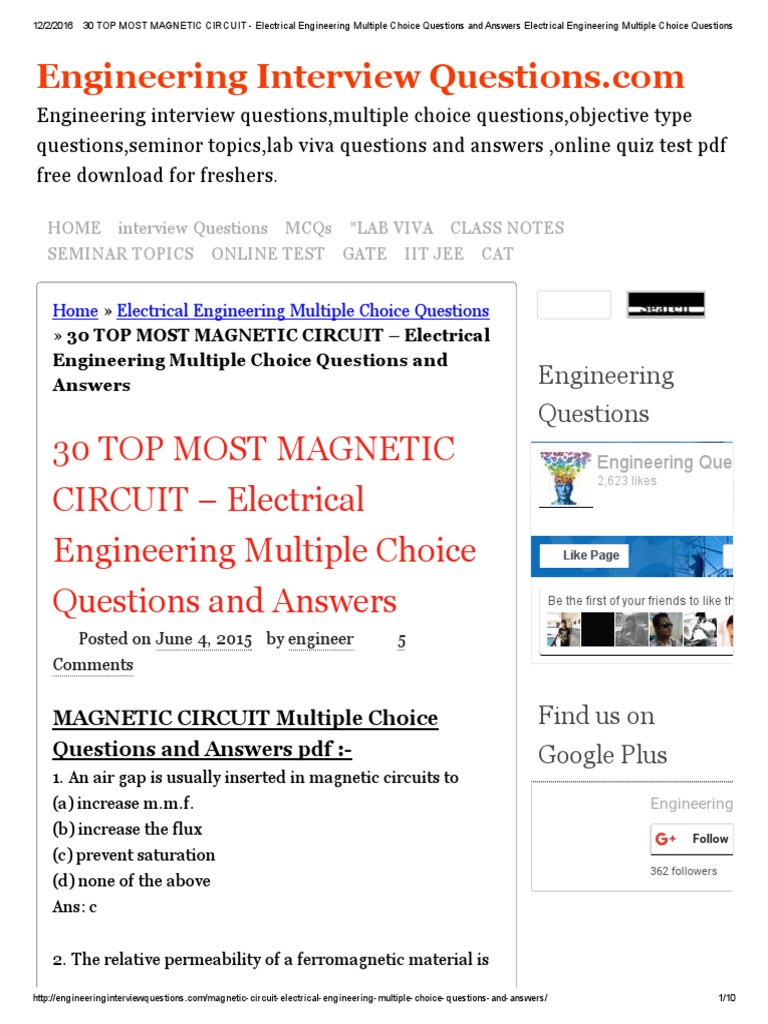 30 TOP MOST MAGNETIC CIRCUIT - Electrical Engineering Multiple Choice ...