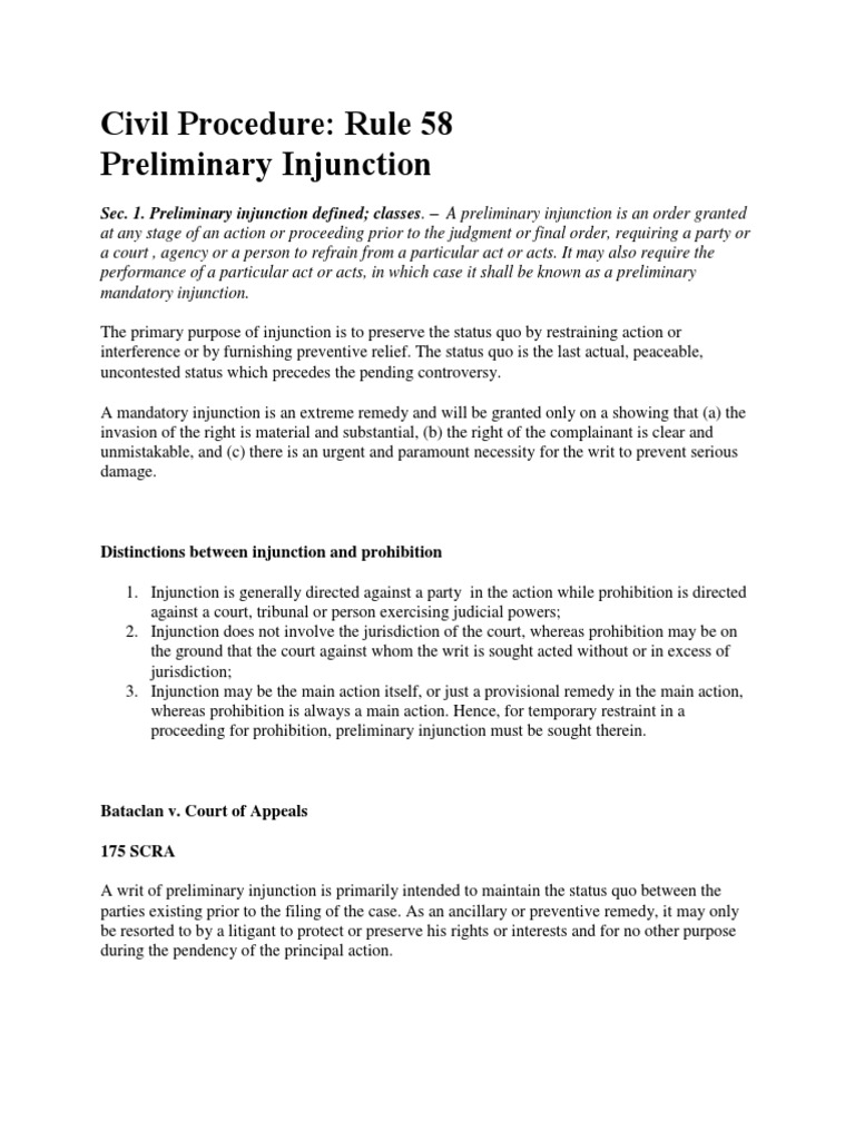 Civil Procedure - Preliminary Injunction PDF | PDF | Writ Of Prohibition | Injunction
