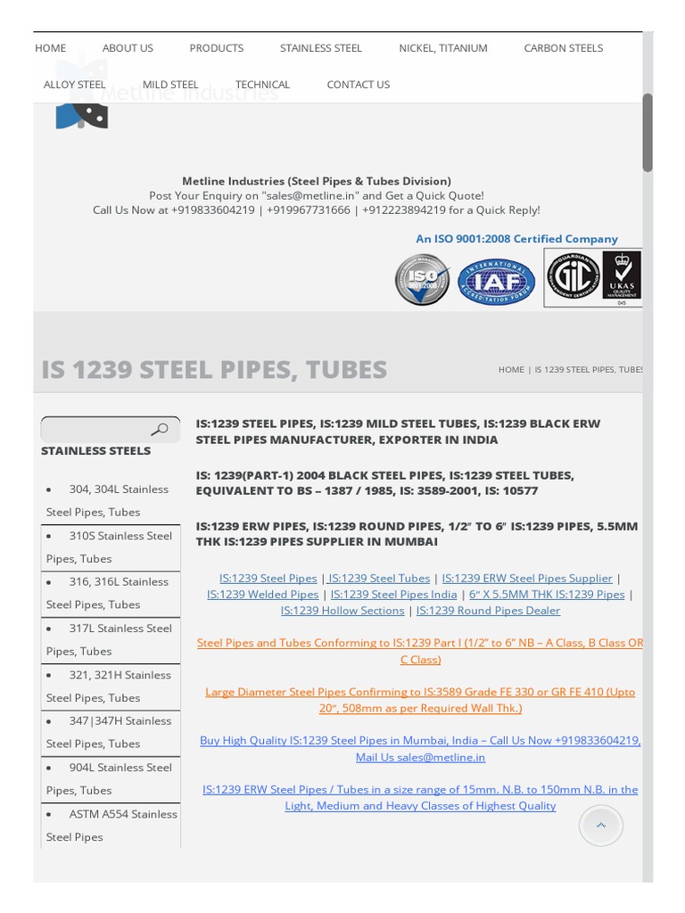 IS - 1239 Steel Pipes, ERW Steel Tubes | PDF | Pipe (Fluid Conveyance ...