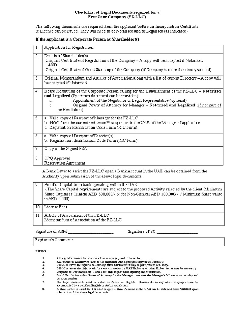 12B Check List Legal Documents Required For A FZ LLC Corporate Persons ...