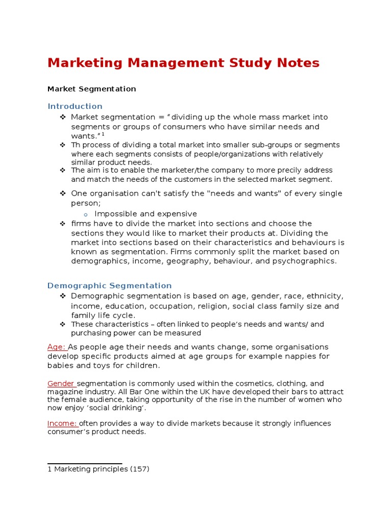 Marketing Management Study Notes MARKET SEGMENT STRATEGY | PDF | Market ...
