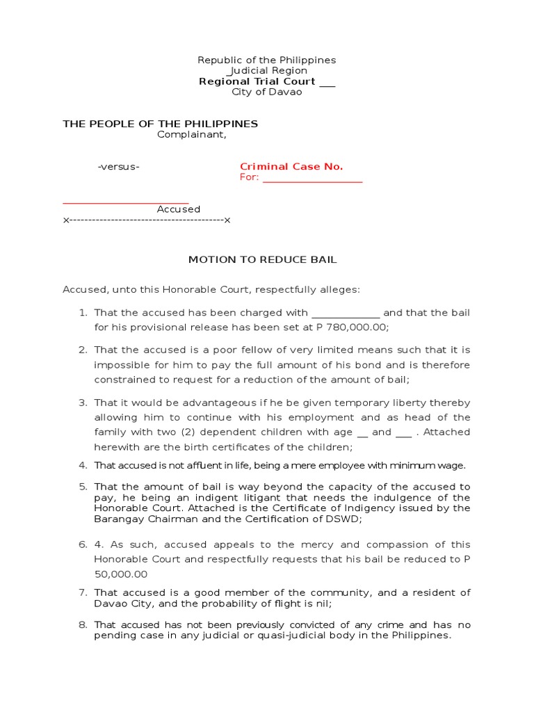 Motion To Reduce Bail | Bail | Prosecutor