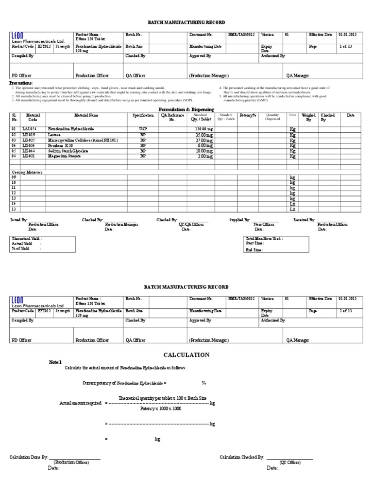 BMR - Elfexo 120 Tablet | PDF | Tablet (Pharmacy) | Humidity