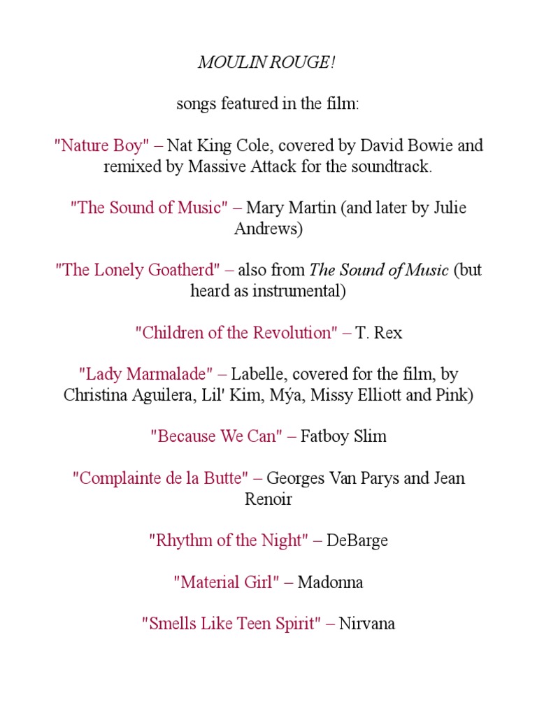 A Spectacular Soundtrack: The Iconic Songs Featured in Moulin Rouge! | PDF