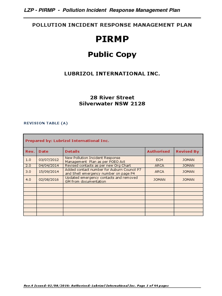 Pollution Incident Response Plan | Dangerous Goods | Emergency