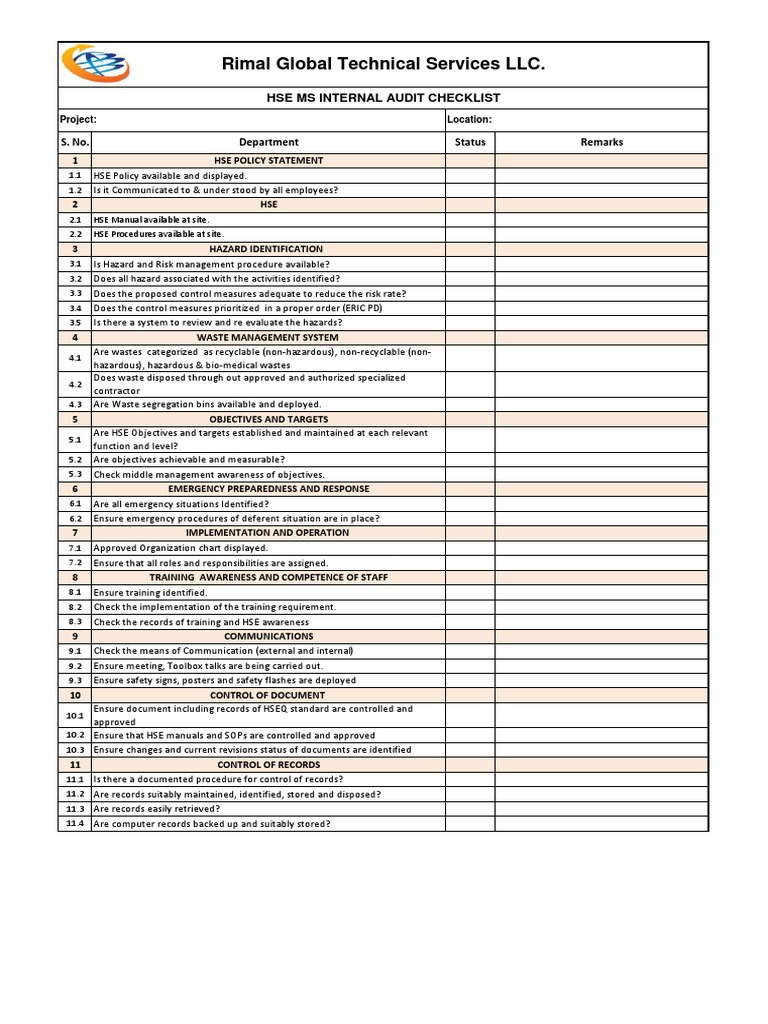 Hseq Ims Internal Audit Checklist | PDF