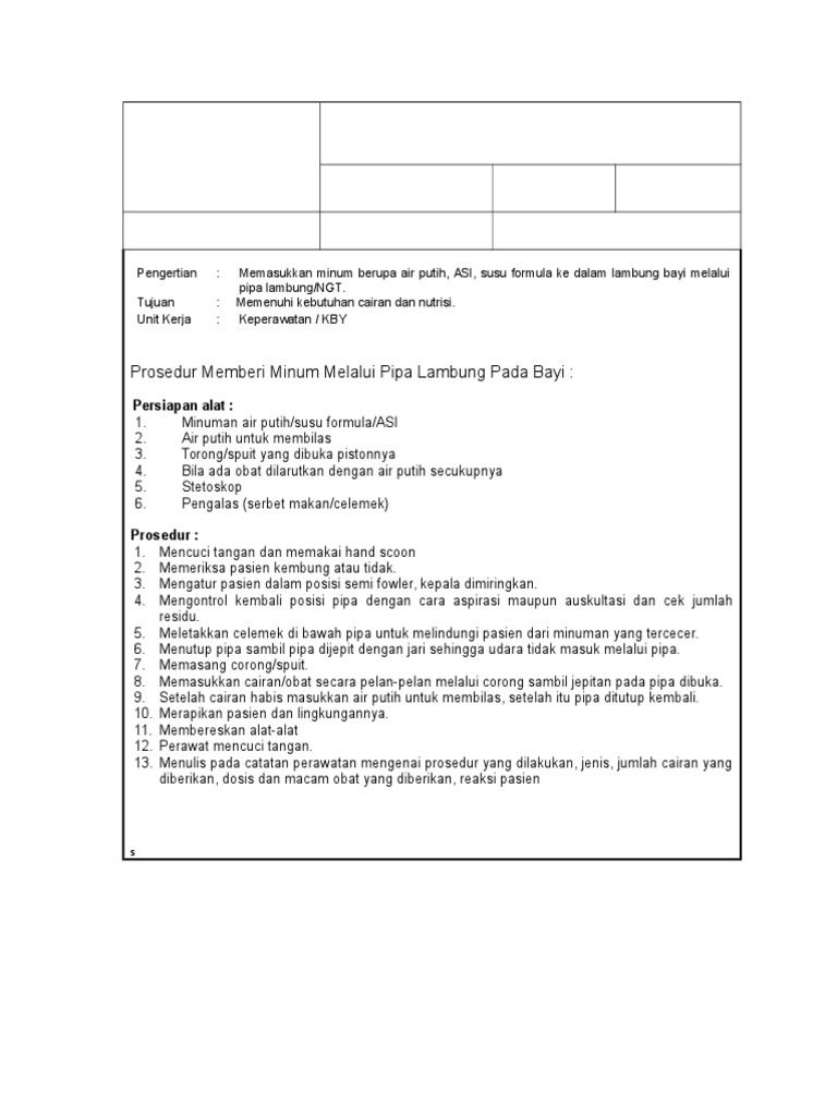 Sop-Kby Memberi Minum Melalui Pipa Lambung Pada Bayi | PDF